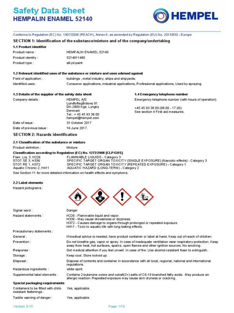 Hempalin Enamel 5214011480 En-Us | PDF | Toxicity | Personal Protective ...