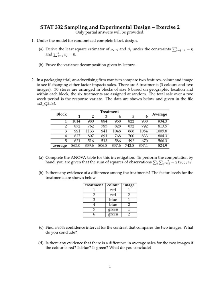 STAT 332 Sampling and Experimental Design - Exercise 2: Block Treatment ...