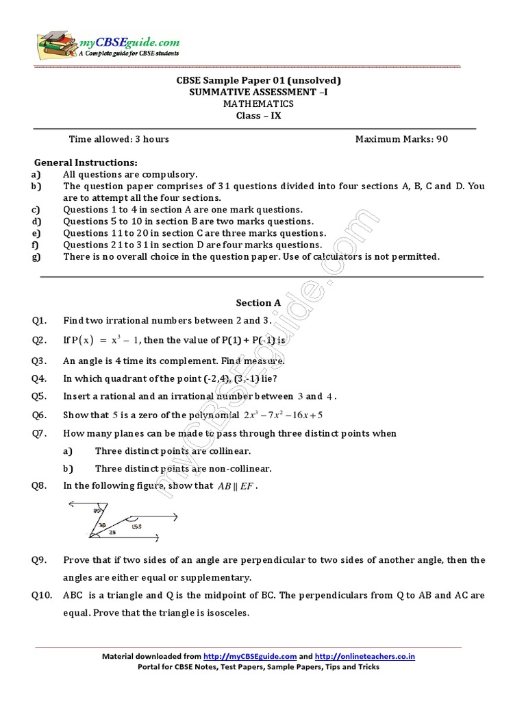 CBSE Sample Paper 01 (Unsolved) Summative Assessment - I Class - IX | PDF | Euclidean Geometry ...