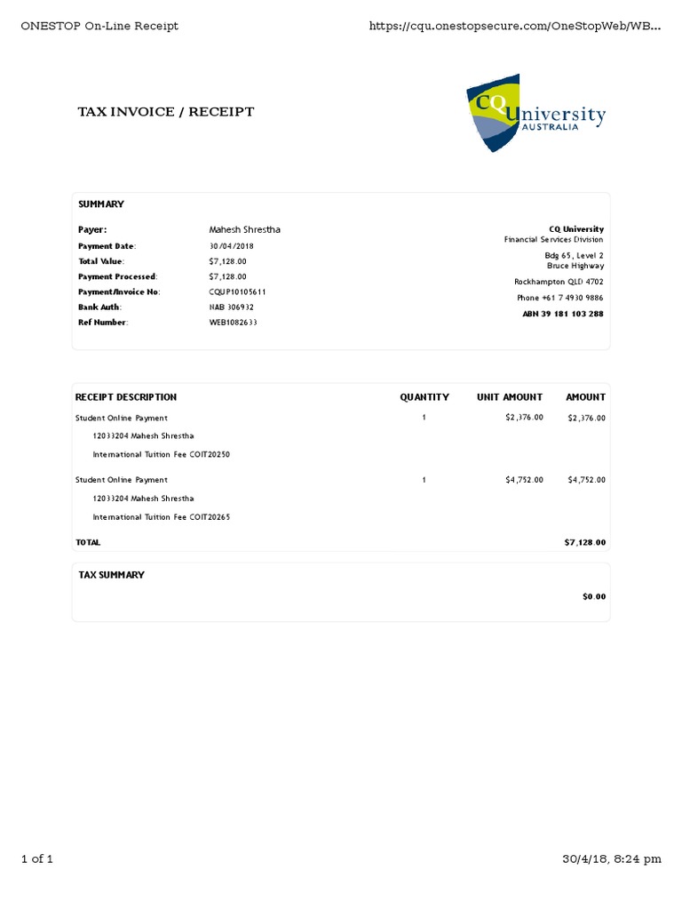 Cqu Fees Receipt | PDF