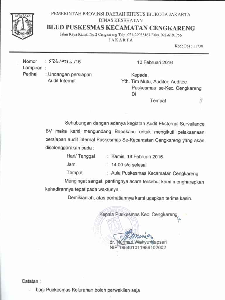 Surat Undangan Persiapan Audit Internal Untuk Tim Mutu Auditor Dan ...