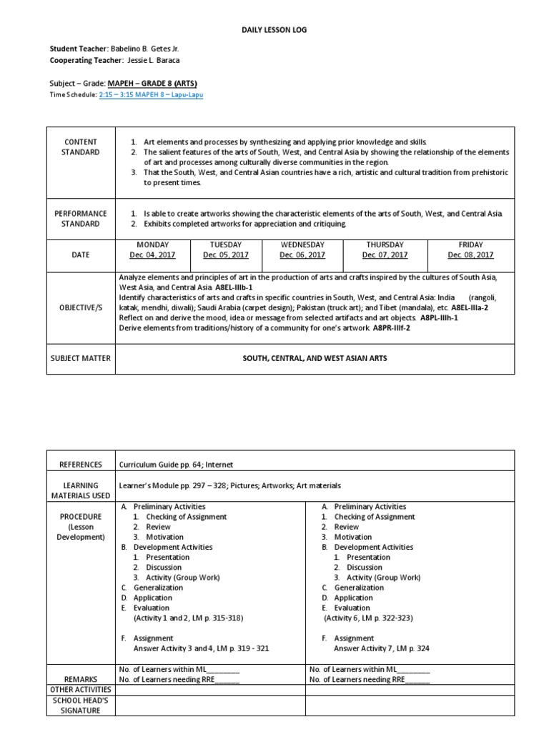 Lesson Plan in Arts 8 | PDF | Lesson Plan | Behavior Modification