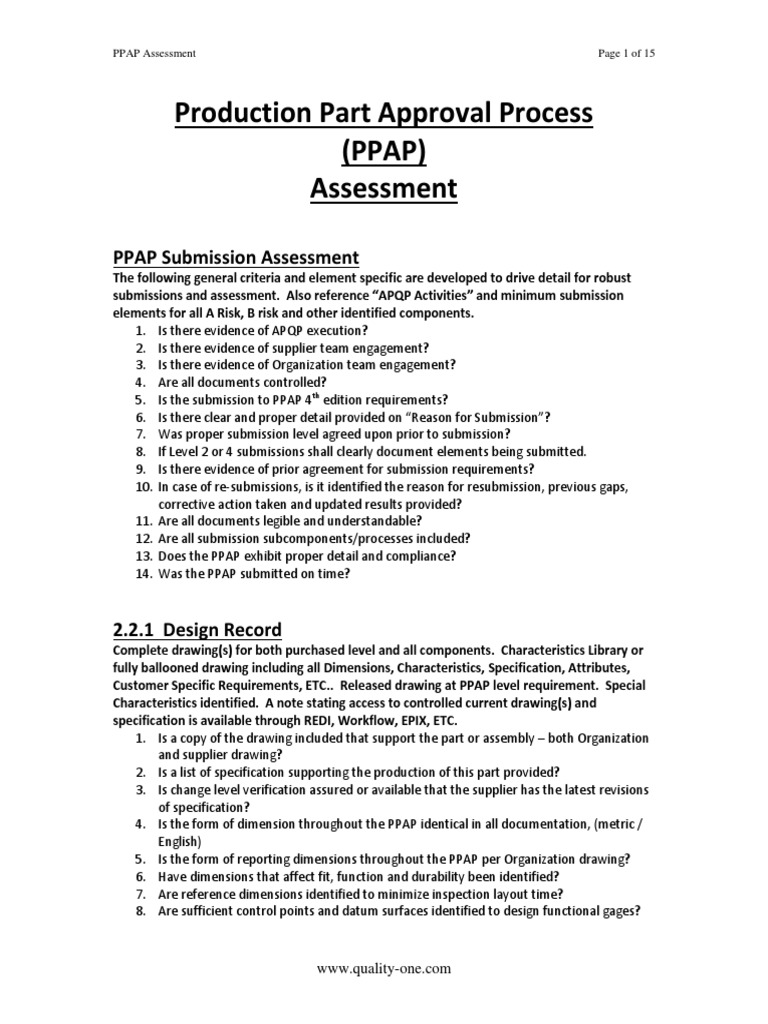 Production Part Approval Process (PPAP) Submission Assessment | PDF ...