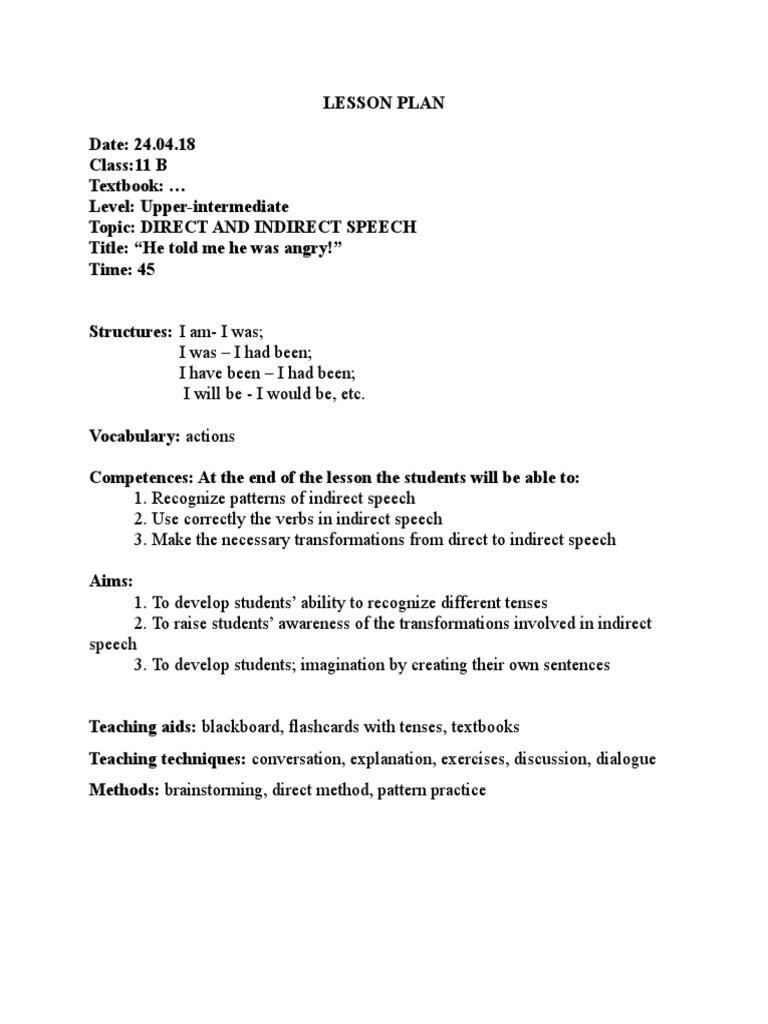 Lesson Plan Reported Speech 1 | PDF | Lesson Plan | Sentence (Linguistics)