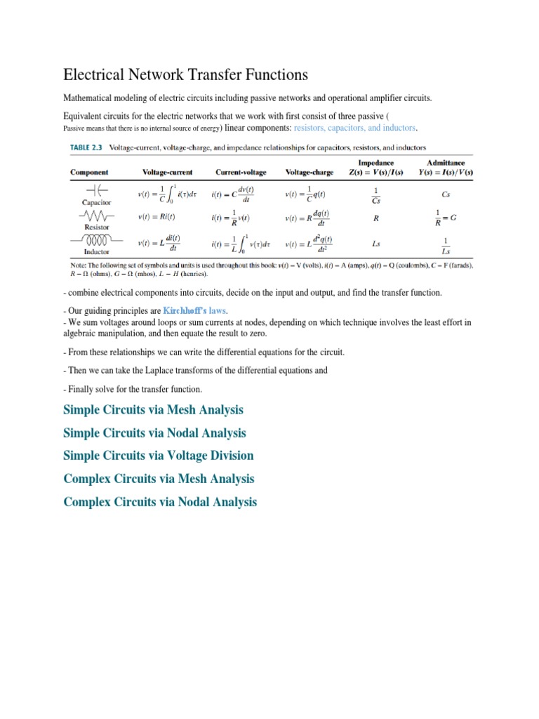 Electrical Network Transfer Functions | PDF