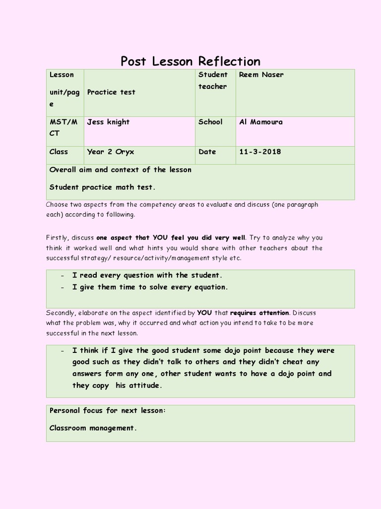 22math 1 22 Lesson Reflection | PDF | Applied Psychology | Educational ...