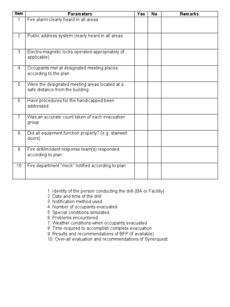 Fire Drill Checklist | PDF | Safety | Disaster And Accident