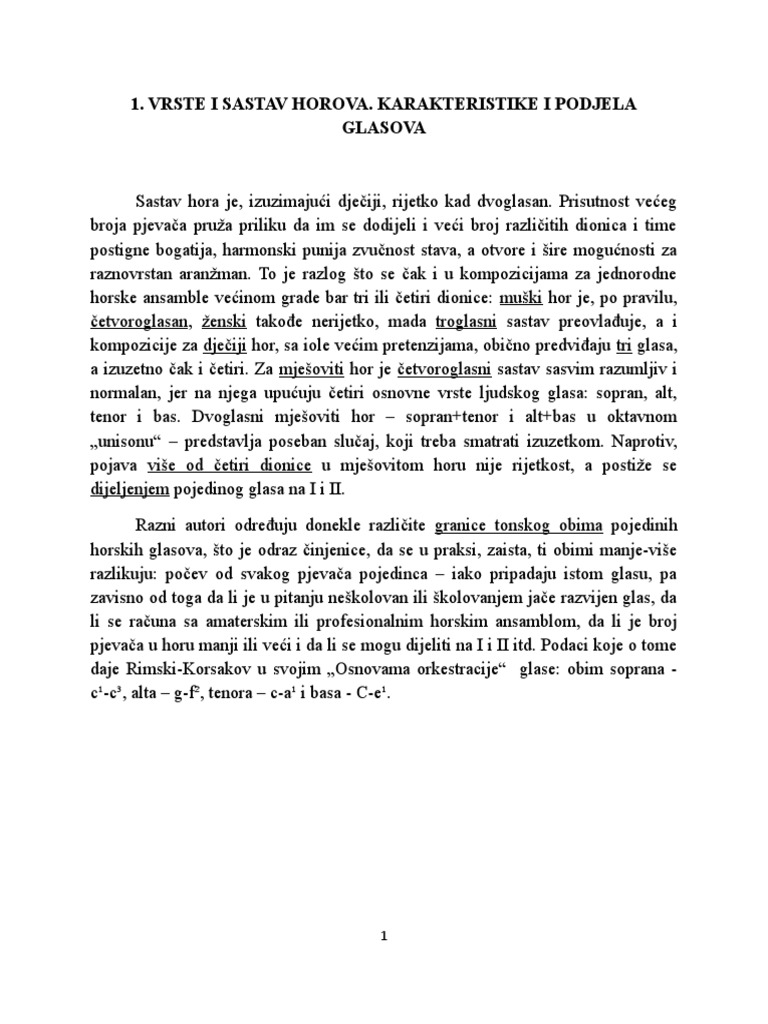 Vrste I Sastav Horova. Karakteristike I Podjela Glasova | PDF