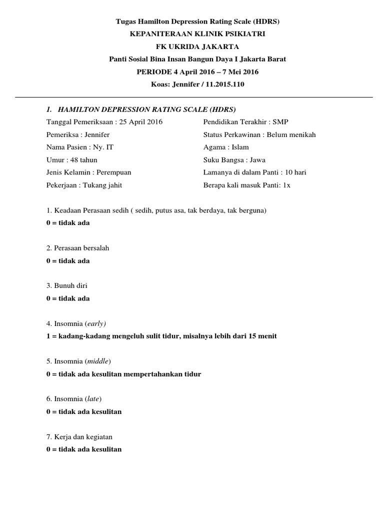 Hamilton Depression Rating Scale | PDF