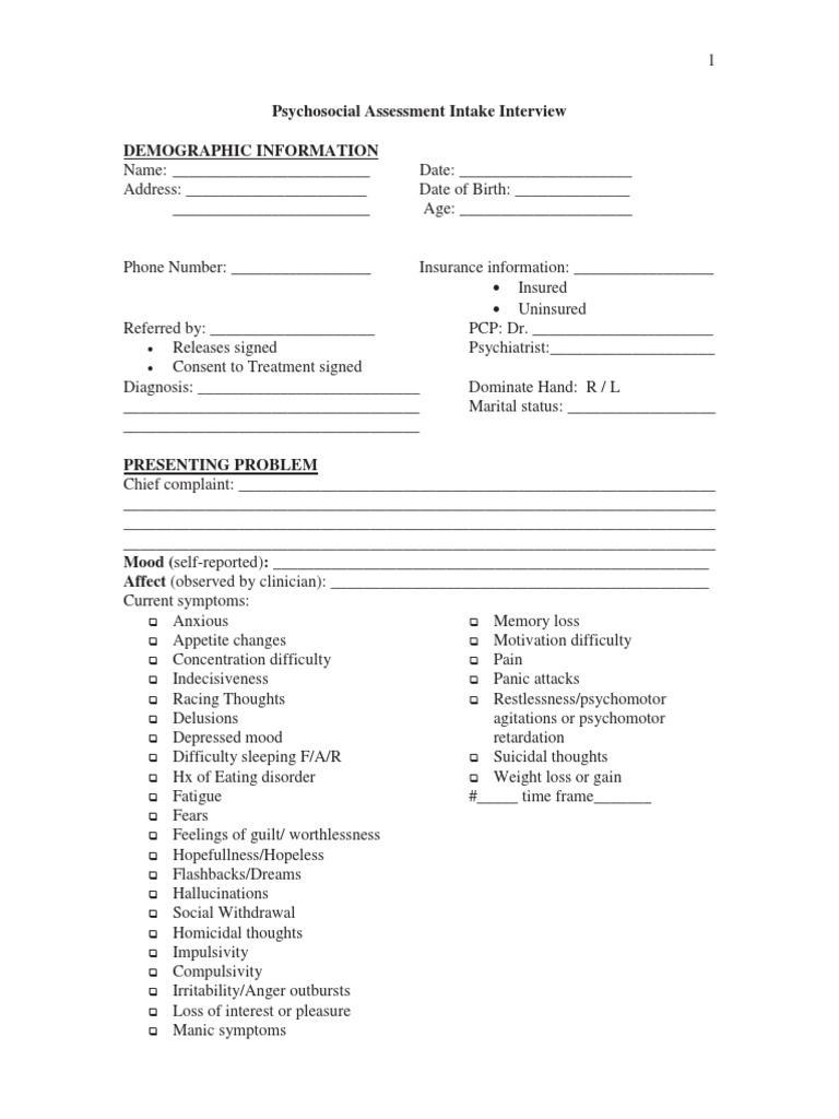 Psychosocial Assessment Intake Interview Form | PDF | Mood Disorders ...