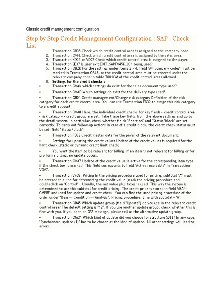Step by Step Credit Management Configuration: SAP: Check List | PDF ...