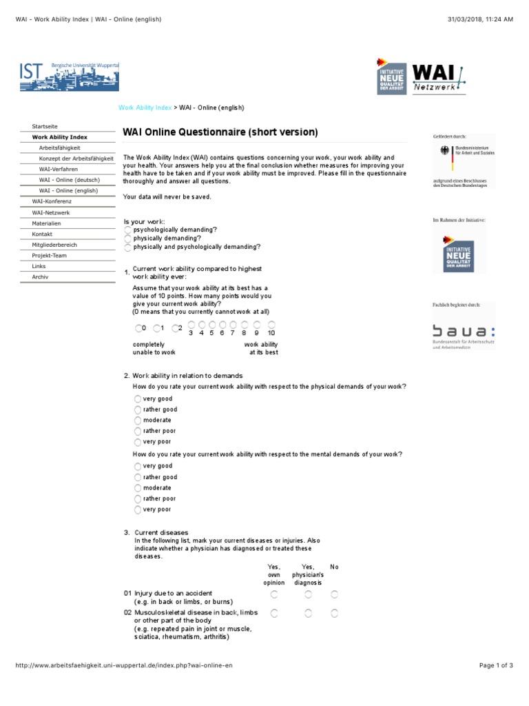 WAI - Work Ability Index - WAI - Online (English) | PDF | Questionnaire ...
