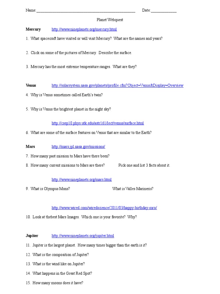 Planet Webquest Answersheet2011 | PDF | Jupiter | Saturn