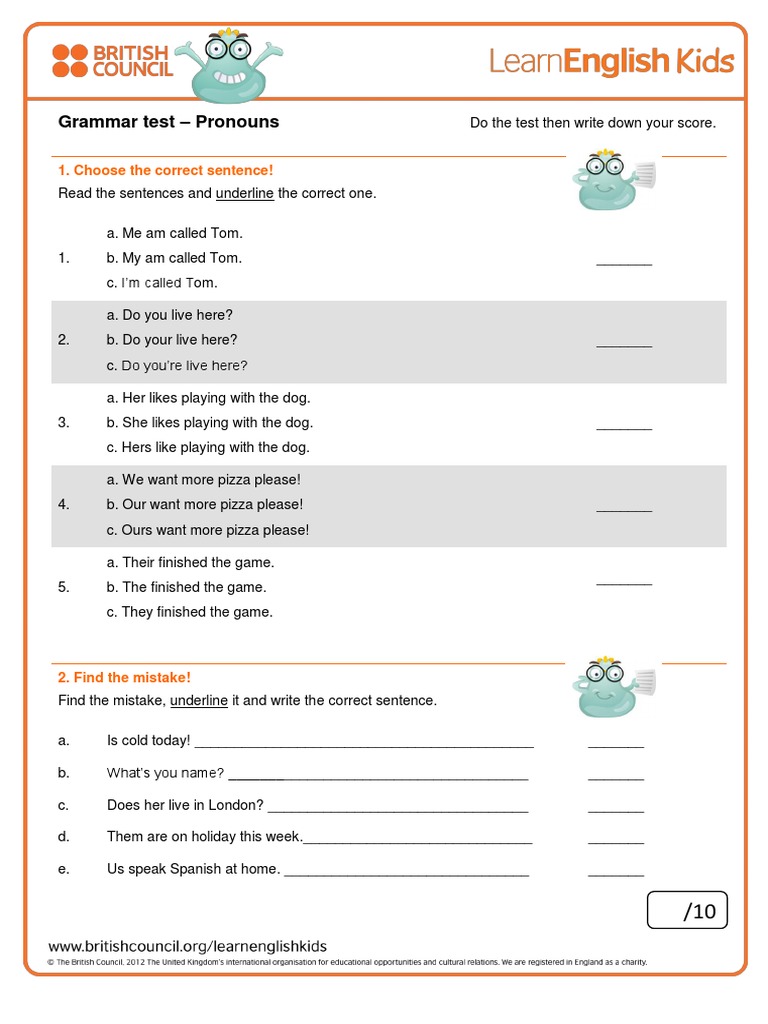 Pronouns Grammar Test and Score Sheet | PDF | Language Arts & Discipline