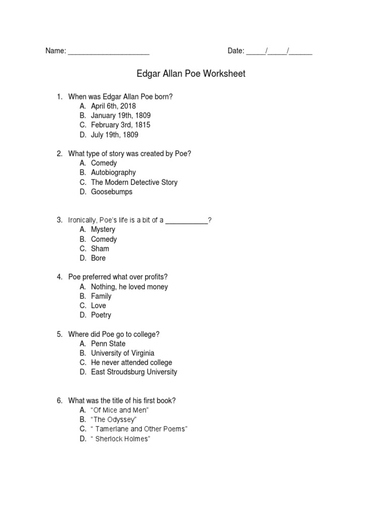 Edgar Allan Poe Activities Worksheets Pdf