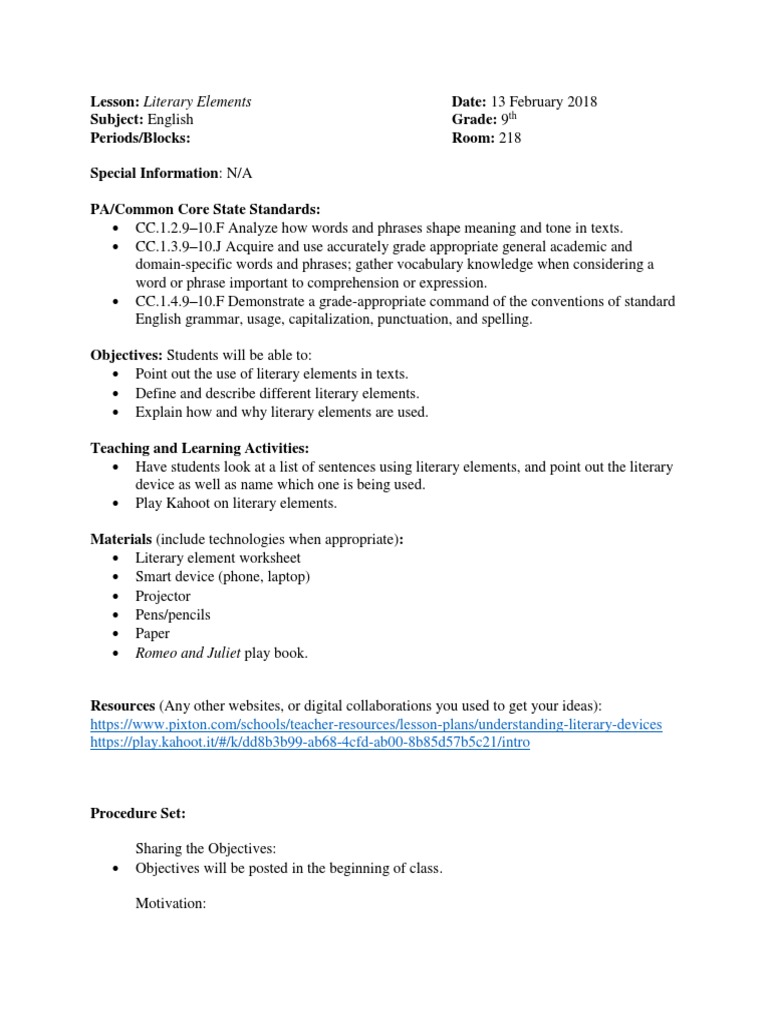 Updated Literary Devices Lesson Plan | PDF | English Language | Reading ...