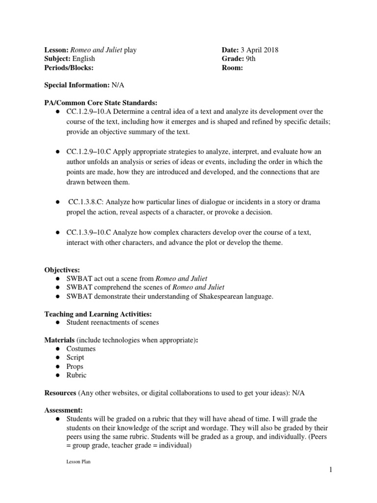 9th Grade Romeo and Juliet Lesson | PDF | Rubric (Academic) | Lesson Plan