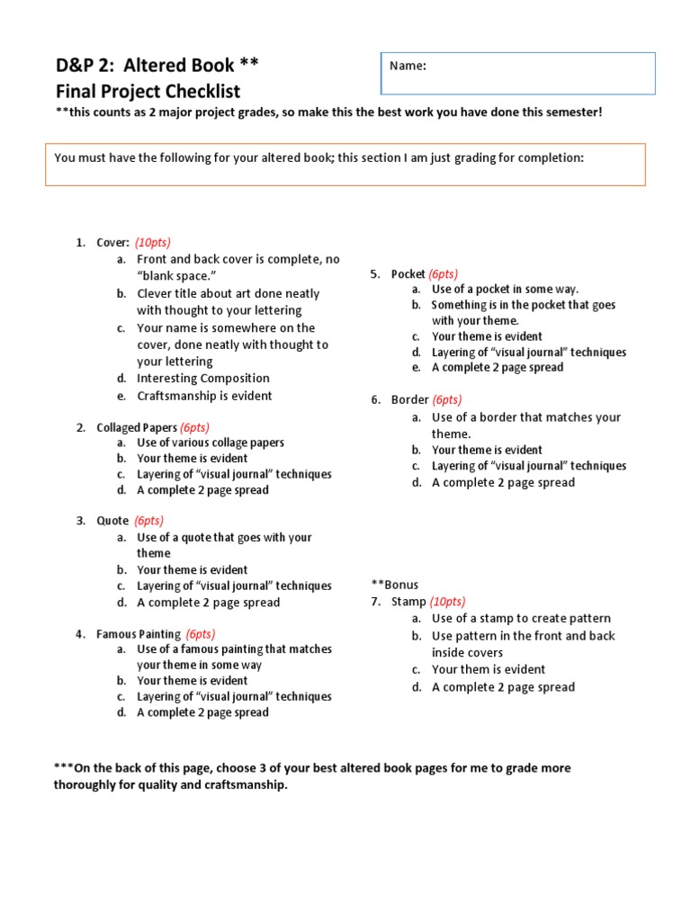 D P 2 Altered Book Checklist | PDF | Composition (Visual Arts) | Writing
