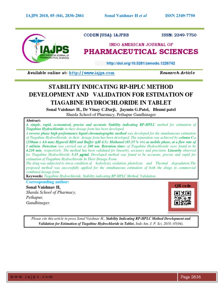 Stability Indicating RP-HPLC Method Development and Validation For Estimation of Tiagabine ...