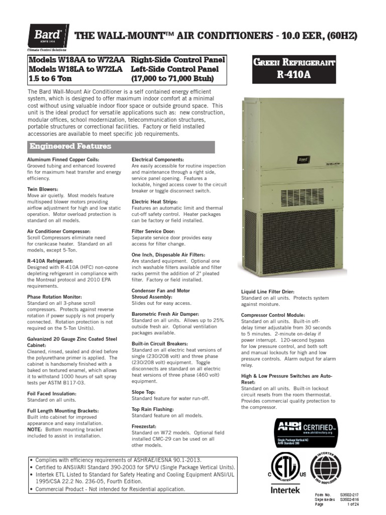 AC Bard Wall MountedS3502 | PDF | Air Conditioning | Ventilation ...