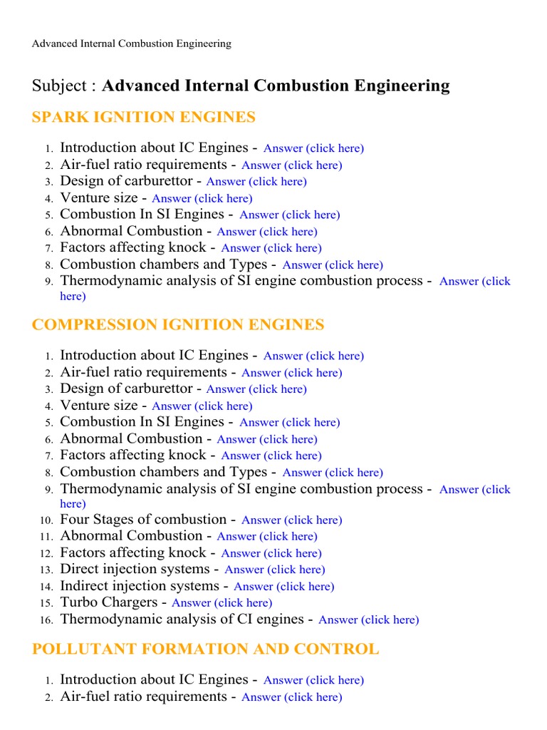 Advanced Internal Combustion Engineering - Lecture Notes, Study ...