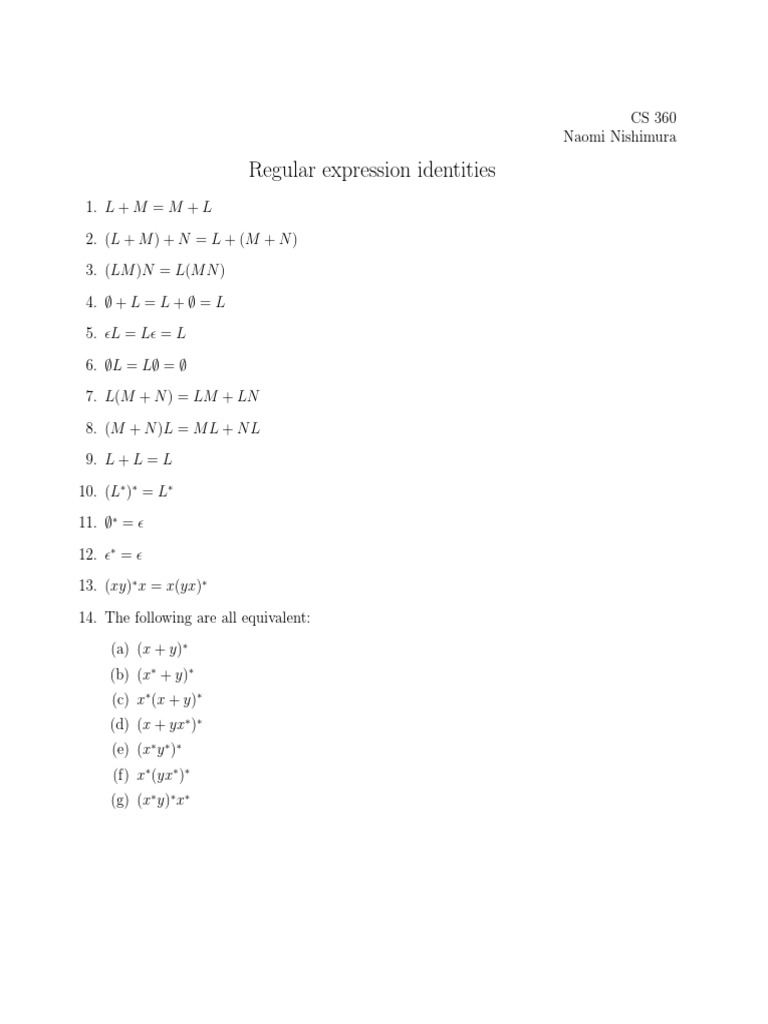 Regular Expression Identities | PDF