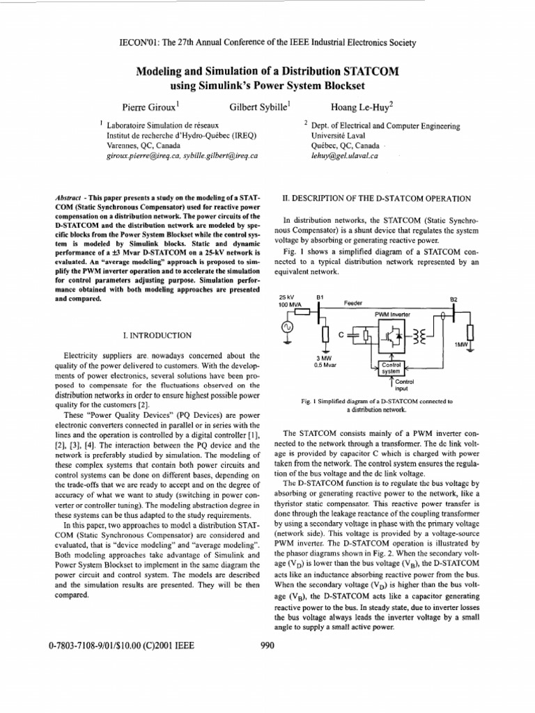 Modeling And Simulation Of A Distribution Statcom Using Simulink S Power System Blockset Pdf