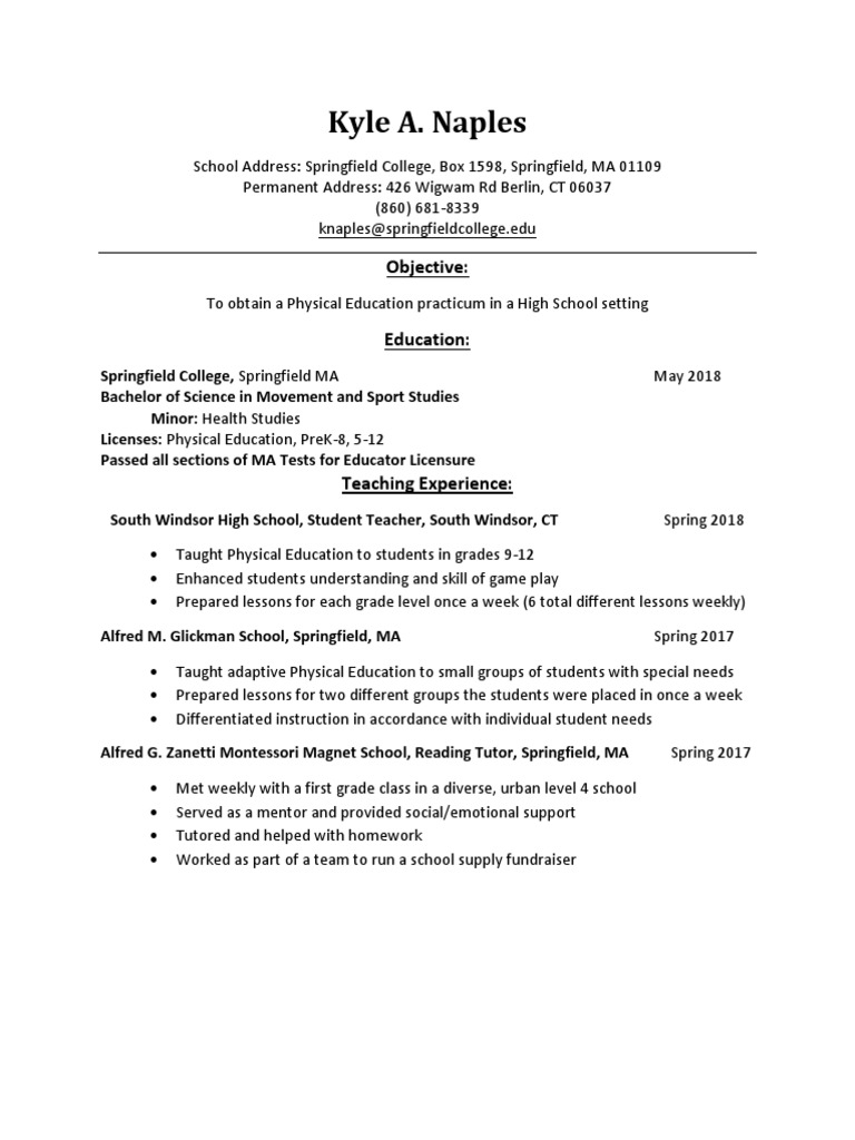 Springfield College Resume - Practicum | PDF | Physical Education | Schools