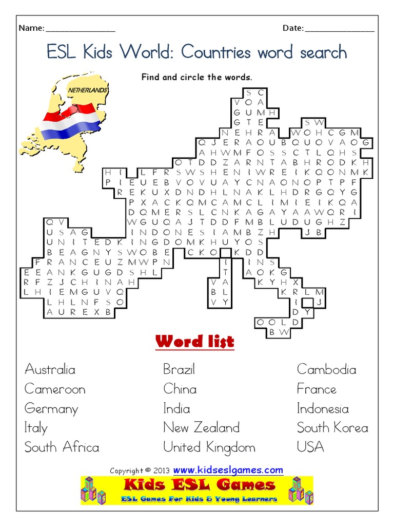 Esl Word Search Countries