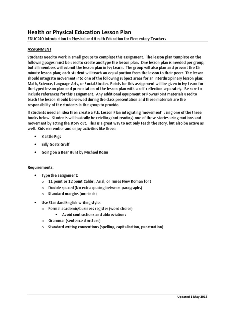 Health or Physical Education Lesson Plan: Assignment | Lesson Plan ...