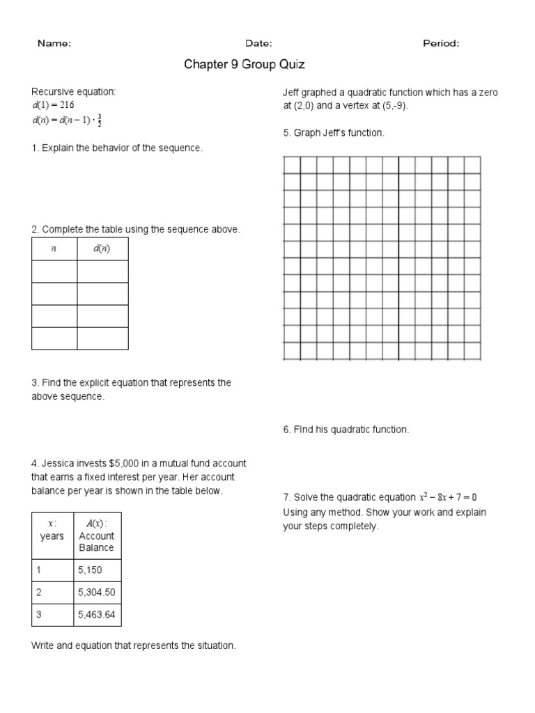 Algebra 1 Chapter 9 Group Quiz | PDF | Quadratic Equation | Equations