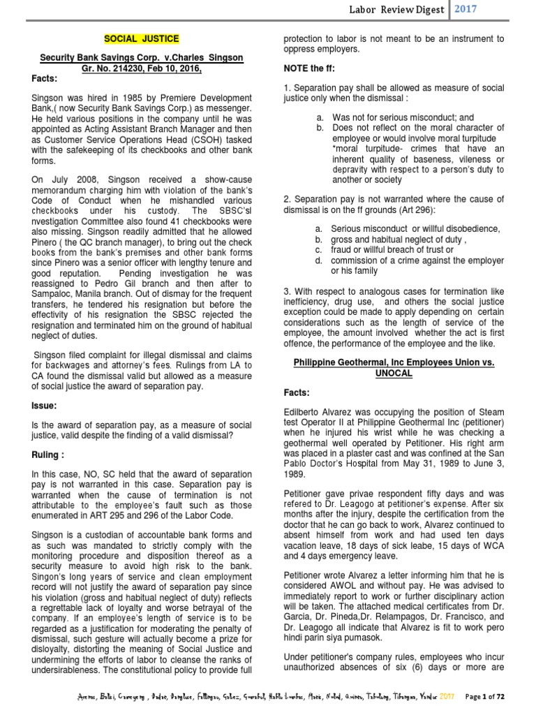 Labor Case Digest | PDF | Due Process Clause | Employment