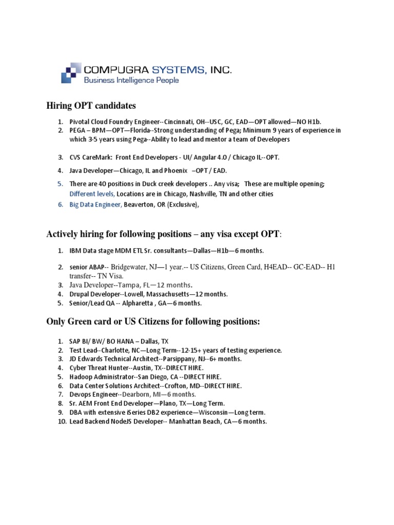 Hiring OPT Candidates: 5. Different Levels, 6. Big Data Engineer | PDF ...