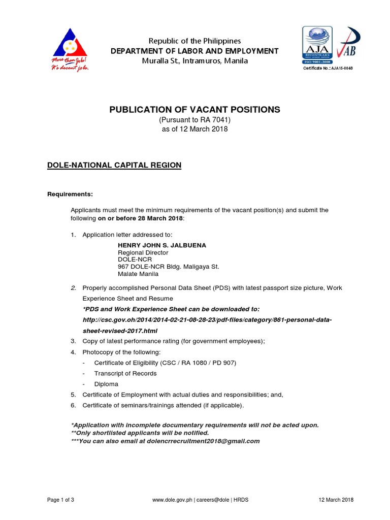 DOLE-National Capital Region As of 12 March 2018 | PDF | Employment ...