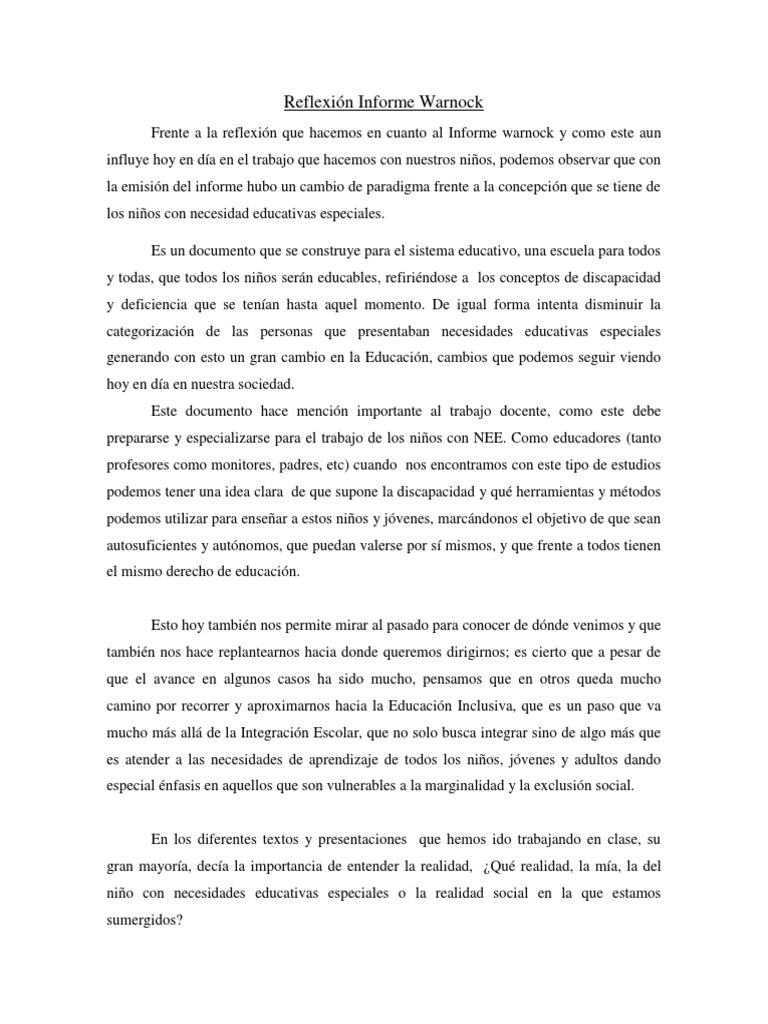Análisis Informe Warnock | PDF | Educación especial | Maestros