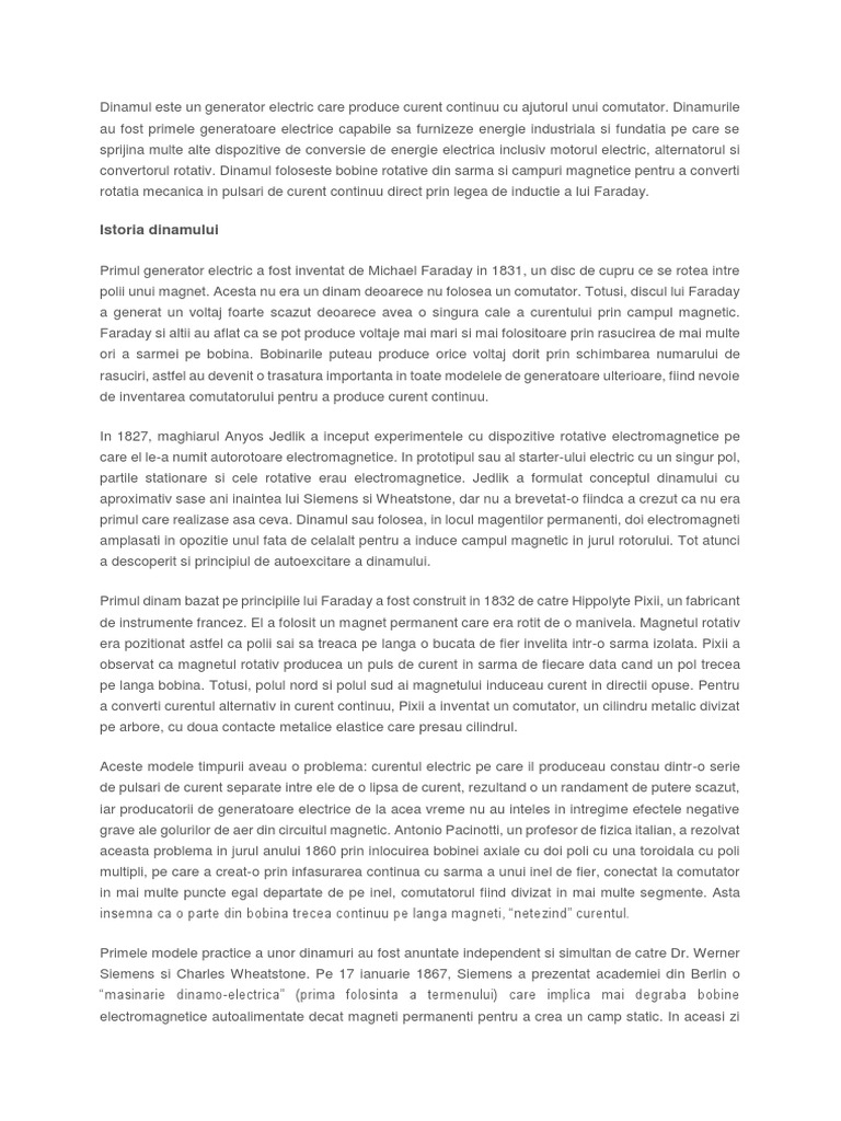 Dinamul Este Un Generator Electric Care Produce Curent Continuu Cu ...