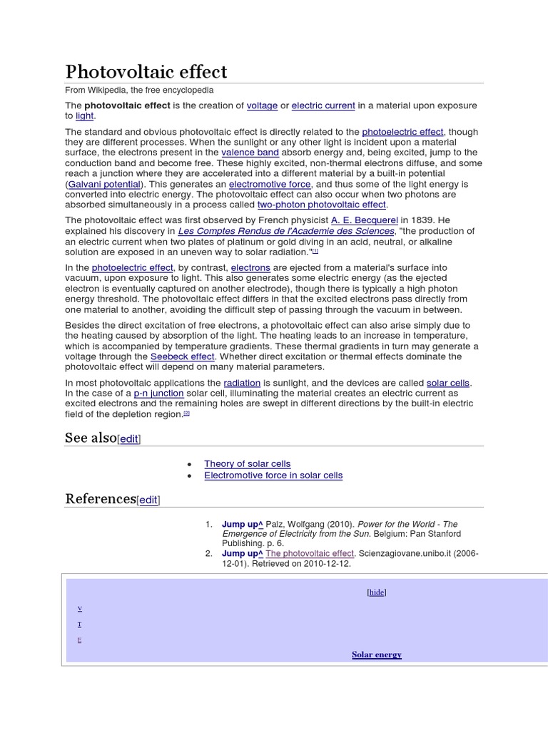 Photovoltaic Effect: See Also | PDF | Solar Power | Physical Universe