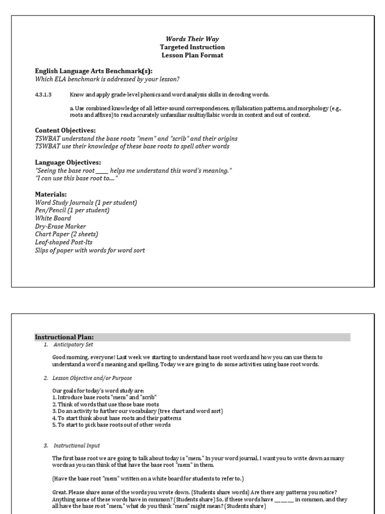 Targeted Instruction Lesson Plan Format English Language Arts Benchmark ...