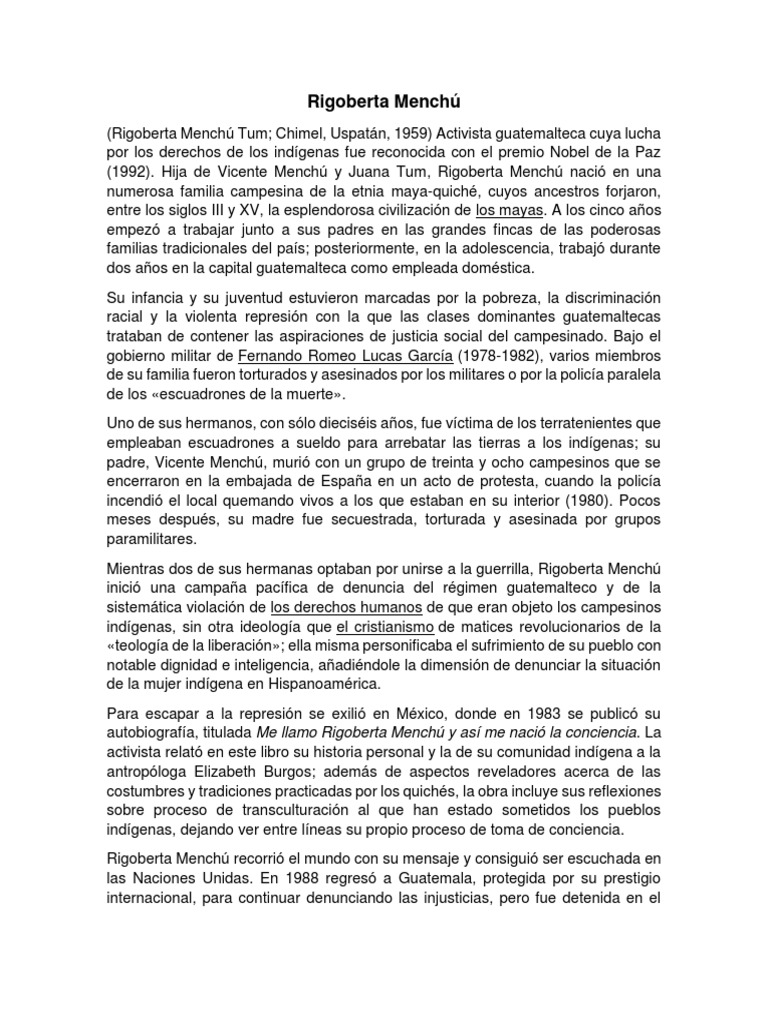 Rigoberta Menchú Biografia | PDF | Agitación | Violencia