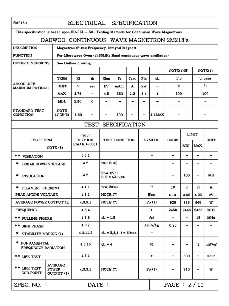 Data Sheet Magnetron 2M218-DAEWOO | Download Free PDF | Microwave ...