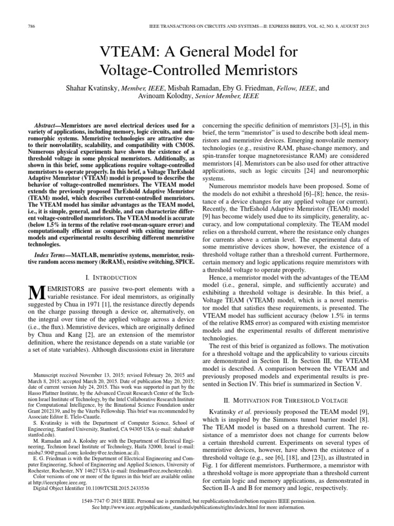 VTEAM: A General Model For Voltage-Controlled Memristors | PDF | Electrical Resistance And ...