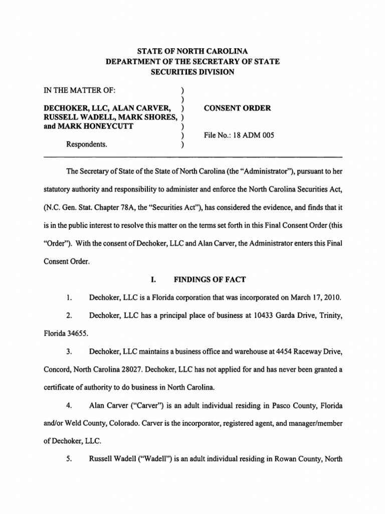 Final consent order between NC Secretary of State's Securities Division ...