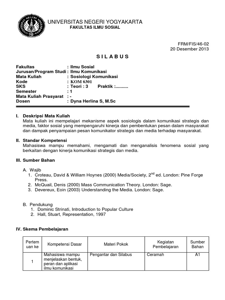 Silabus Sosiologi Komunikasi UNY | PDF | Ilmu Sosial