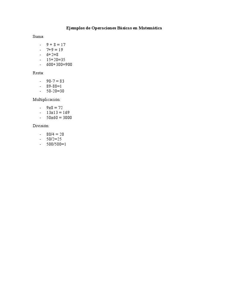 Ejemplos de Operaciones Básicas en Matemática | PDF