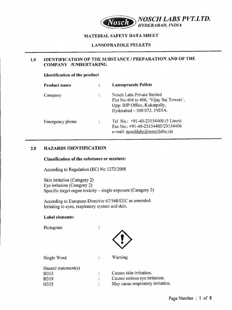 MSDS Lansoprazole Pellets - Nosch - Ric. 2011 | PDF