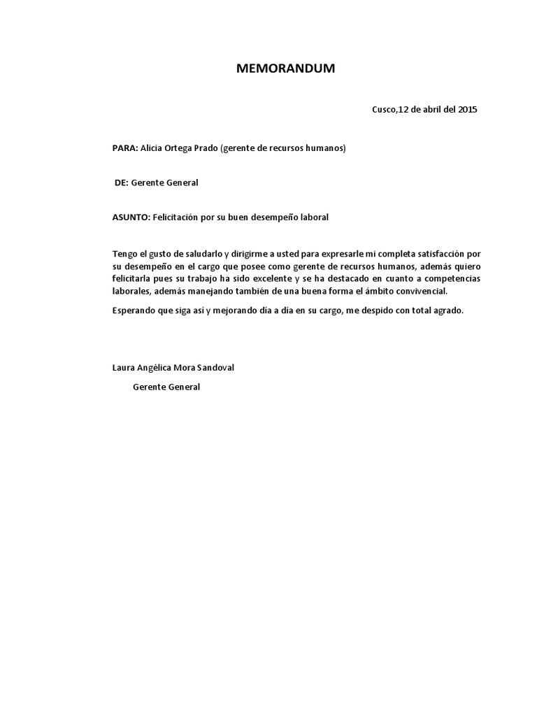 Memorandum de Felicitacion Por Su Desempeño