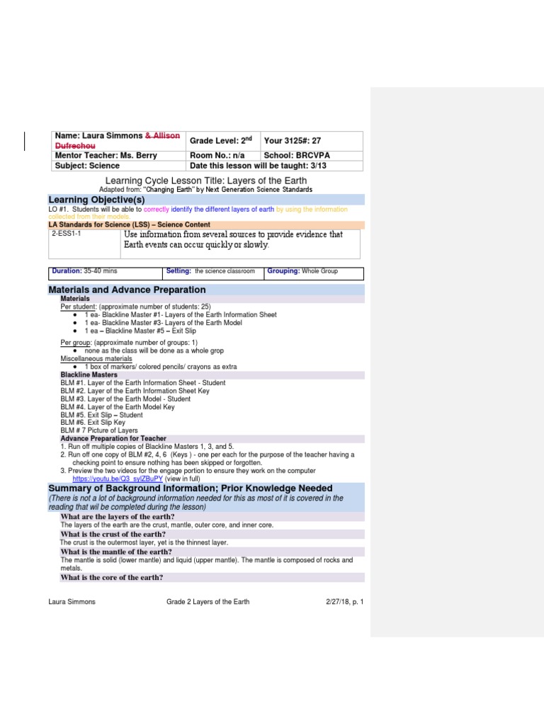 5e Lesson Plan Layers of The Earth | PDF | Mantle (Geology) | Planetary ...