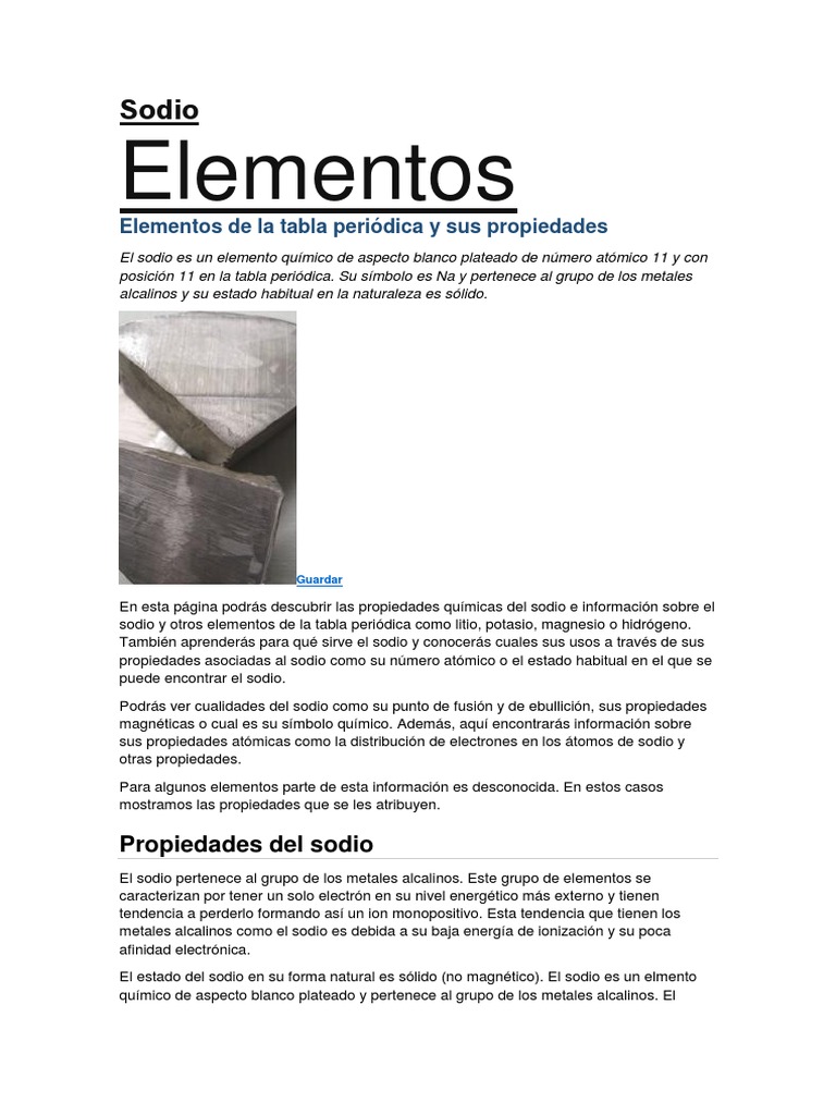 Propiedades y Usos del Sodio | PDF | Tabla periódica | Rieles