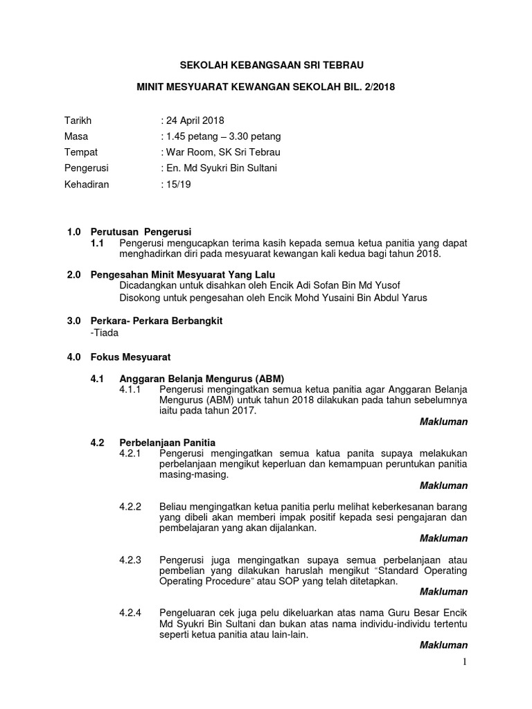 Minit Mesyuarat Kewangan Bil 2 2018 | PDF