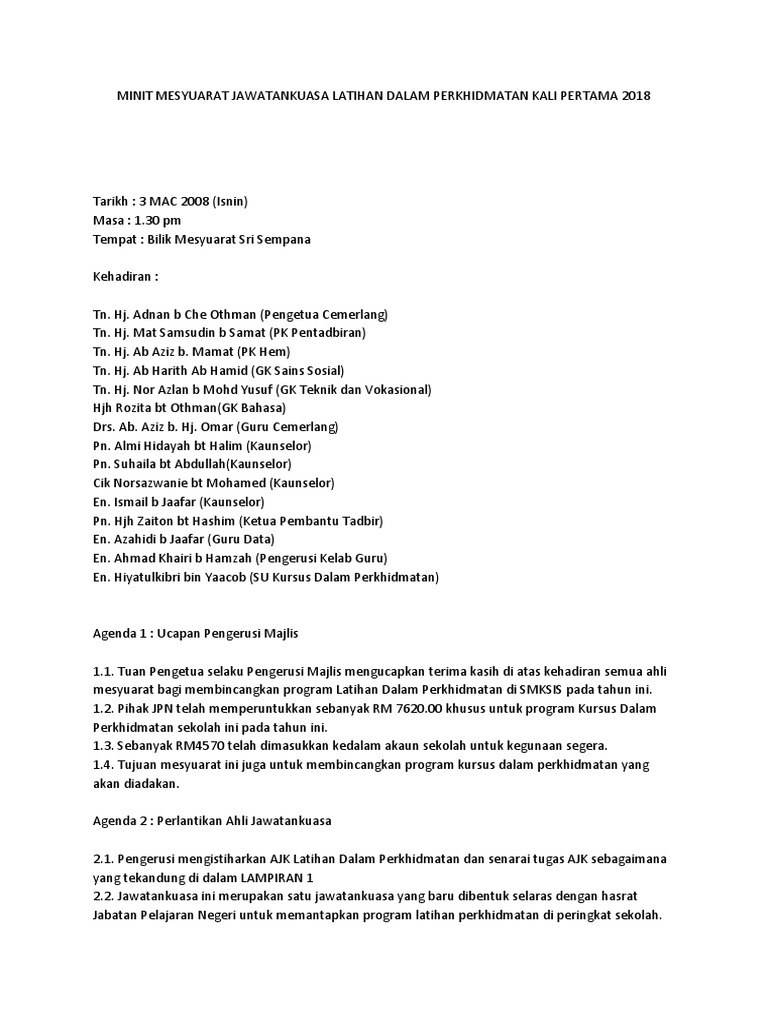 Minit Mesyuarat Jawatankuasa Latihan Dalam Perkhidmatan Kali Pertama 2018 | PDF